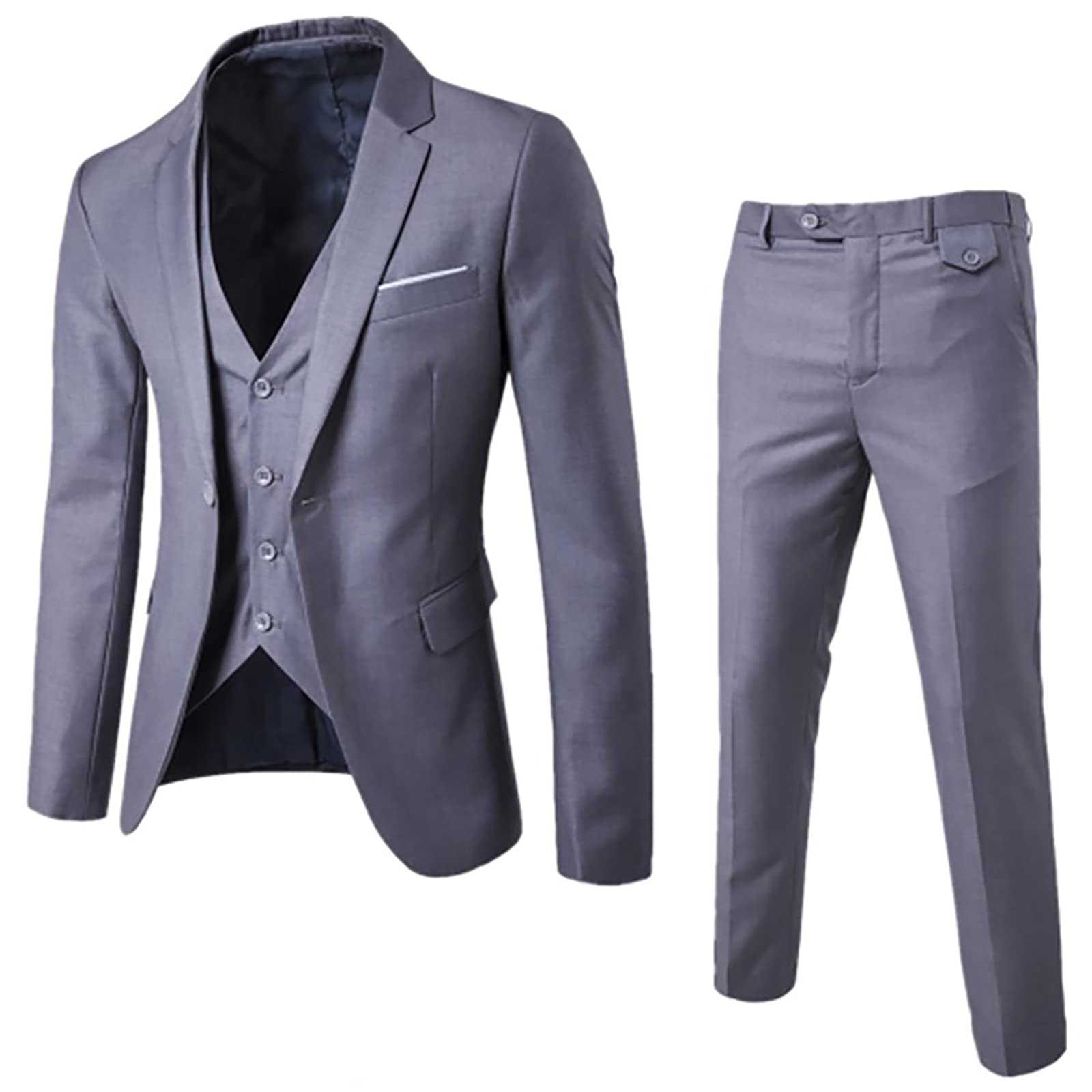 Mens Blazer Jacket,Men's 3 Piece Slim Fit Suit Set 2 Button Blazer Jacket Vest Pants Solid Wedding Dress Tux and Trousers Grey