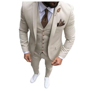 men beige tan ivory 3-pieces tailored wedding notch lapel tuxedo groomsmen men slim fit blazer pant vest suit