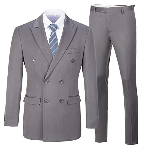 Mens Suit Slim Fit 3 Piece Gray Dress Wedding Tuxedo Pinstripe Suits for Mens Jacket Blazer Vest Pants,XXL