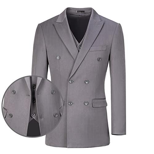 Mens Suit Slim Fit 3 Piece Gray Dress Wedding Tuxedo Pinstripe Suits for Mens Jacket Blazer Vest Pants,XXL