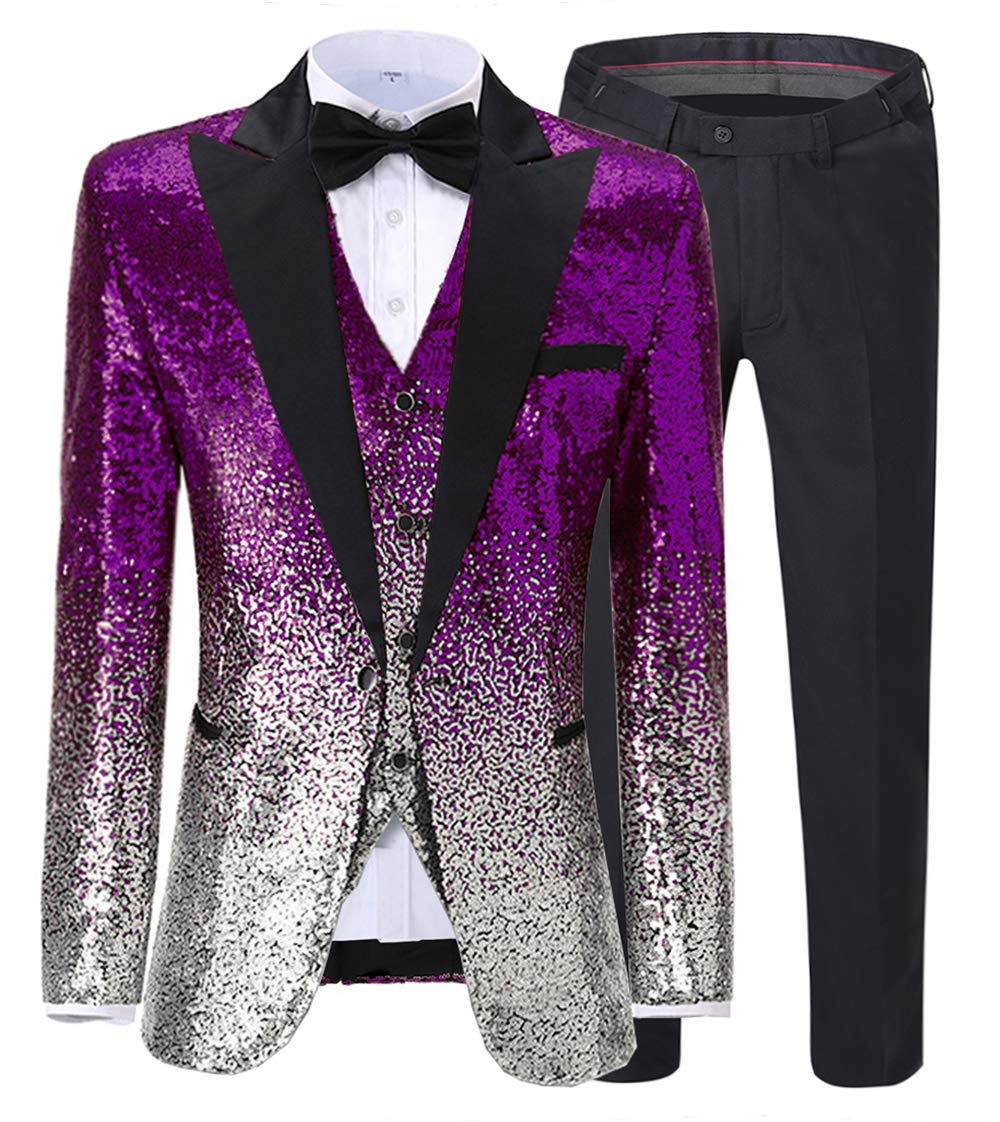 Zeattall Men's Suit Three Pieces Shiny Sequin Mens Suit Notch Lapel Tuxedo for Wedding(40 Regular,Purple-Silver)