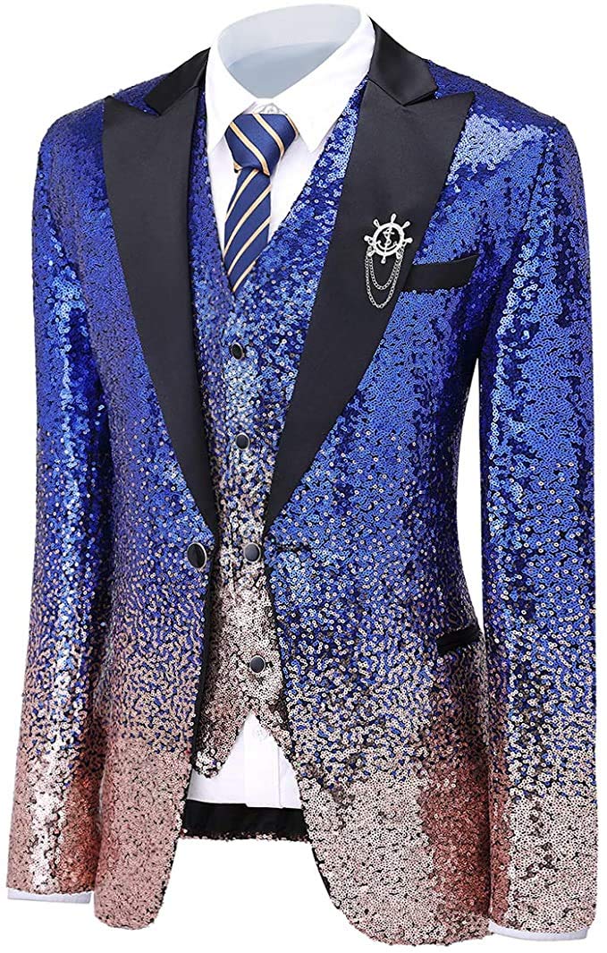 Zeattall Men's Suit Three Pieces Shiny Sequin Mens Suit Notch Lapel Tuxedo for Wedding(40 Regular,Purple-Silver)