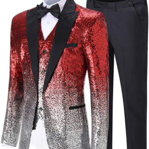 Zeattall Men's Suit Three Pieces Shiny Sequin Mens Suit Notch Lapel Tuxedo for Wedding(40 Regular,Purple-Silver)