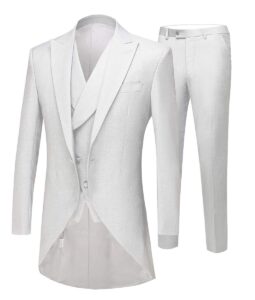 men's white 3pc long tailcoat suit notch lapel one button wedding suits groom tuxedos white 40 chest / 34 waist