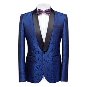 Mens Suit Slim Fit 2 Piece Formal Skinny Floral Tuxedo Suit Set Shawl Lapel for Wedding Dinner Party Blue