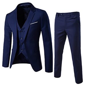 sports coats for men,men's 3 piece slim fit suit set 2 button blazer jacket vest pants solid wedding dress tux and trousers navy blue