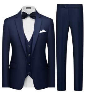 mage male mens 3 piece suits slim fit tuxedo suit set soild prom wedding suits one button blazer vest pants set with bow tie navy blue