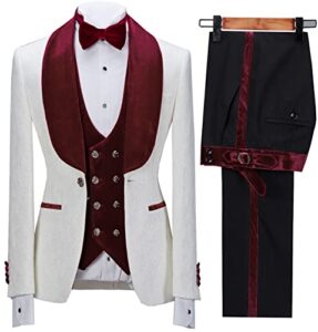 men suit 3 pieces jacquard floral shawl collar paisley tuxedo solid suit wedding prom suit-42,burgundy