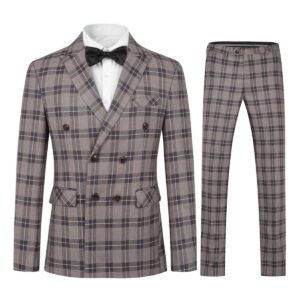 iynnijoy mens plaid suit double breasted slim fit 2-piece formal jacket tux pants for prom wedding party brown