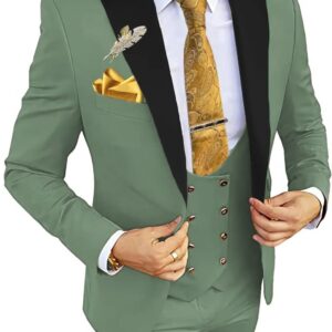 SHUZHXLZANGY Men Wedding Suits Slim Fit 3 Piece Tuxedo,One Button Tux Jacket Vest Trousers Dinner Wedding,Green Suits for Men (42) L