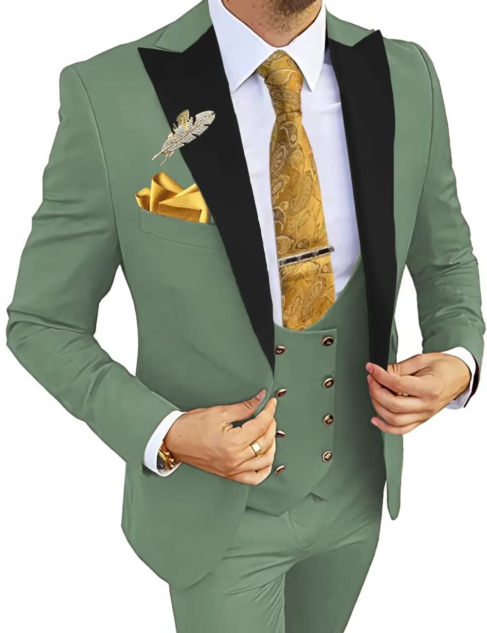 SHUZHXLZANGY Men Wedding Suits Slim Fit 3 Piece Tuxedo,One Button Tux Jacket Vest Trousers Dinner Wedding,Green Suits for Men (42) L