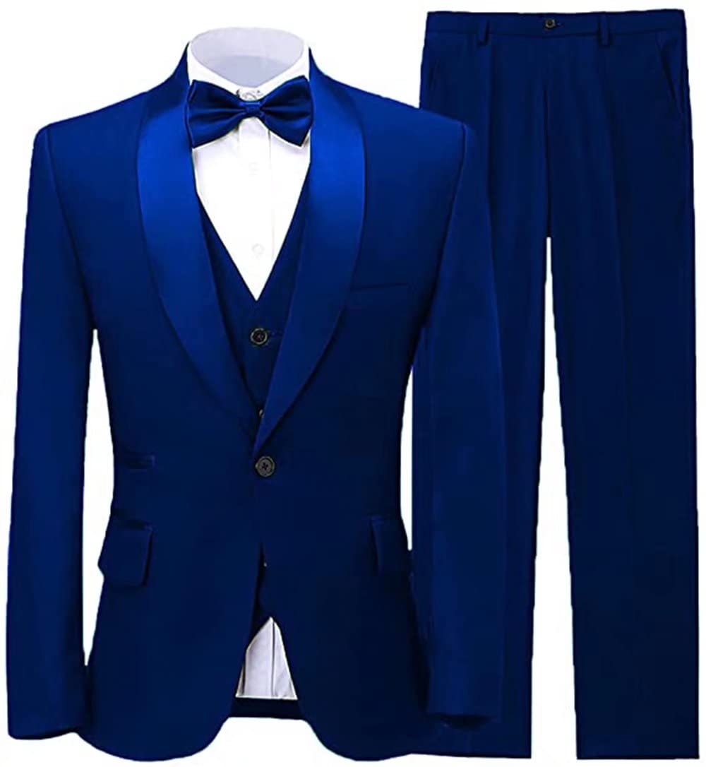 Men's Slim Fit 3 Piece Suit One Button Business Wedding Prom Suits Blazer Tux Vest & Trousers Royal Blue 6XL