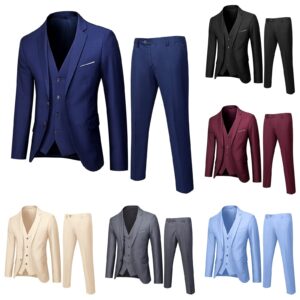 men's 3 piece slim fit suit set, 4 button blazer jacket vest pants, solid color wedding dress tuxedos and trousers suits sets a-black