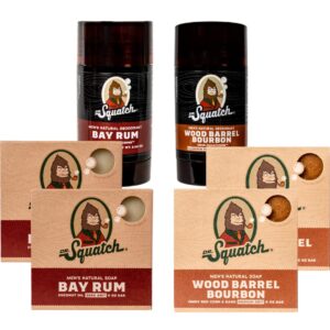 dr. squatch manly soap and deodorant variety pack - handmade with organic oils, aluminum-free - wood barrel bourbon and bay rum - men's natural soap