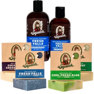 dr. squatch men's bar soap fresh expanded pack: men's natural, fresh falls, cool fresh aloe, spearmint basil, eucalyptus greek yogurt, and fresh falls hair care shampoo and conditioner