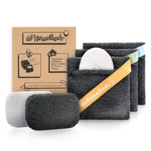 myhomebody soap pocket squares exfoliating soap saver pouch | body scrubber, exfoliator sponge for bath or shower | for 5oz bar soap or leftover bits | graphite gray, 3 pack + 2 soap lifting pads