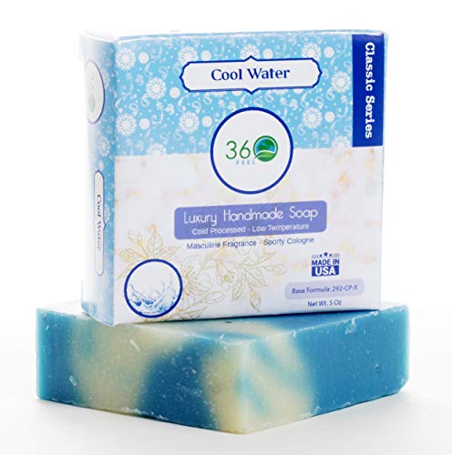 360Feel Men's Cool Water Cologne Soap -Large 5oz Organic Castile Handmade Soap bar -Bold Masculine fragrance- Pure Essential Oil Natural Soaps- Made in USA