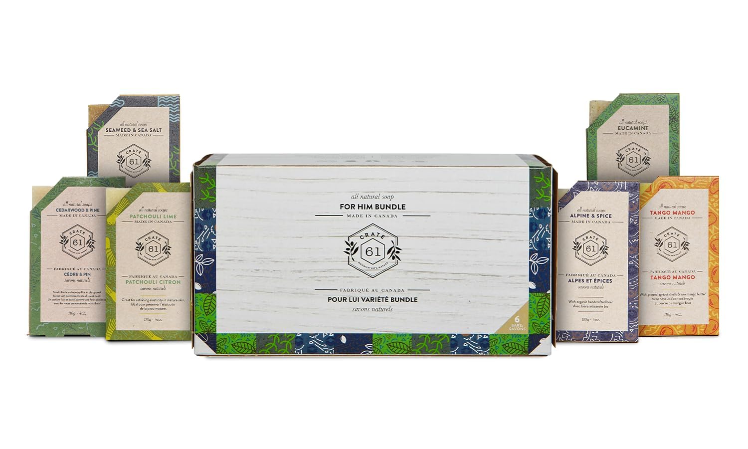 Crate 61, Handmade in Canada, Plant Based Cold Process Natural Bar Soap, With Premium Essential Oils, Dry Skin, Pack of 6 (For Him)