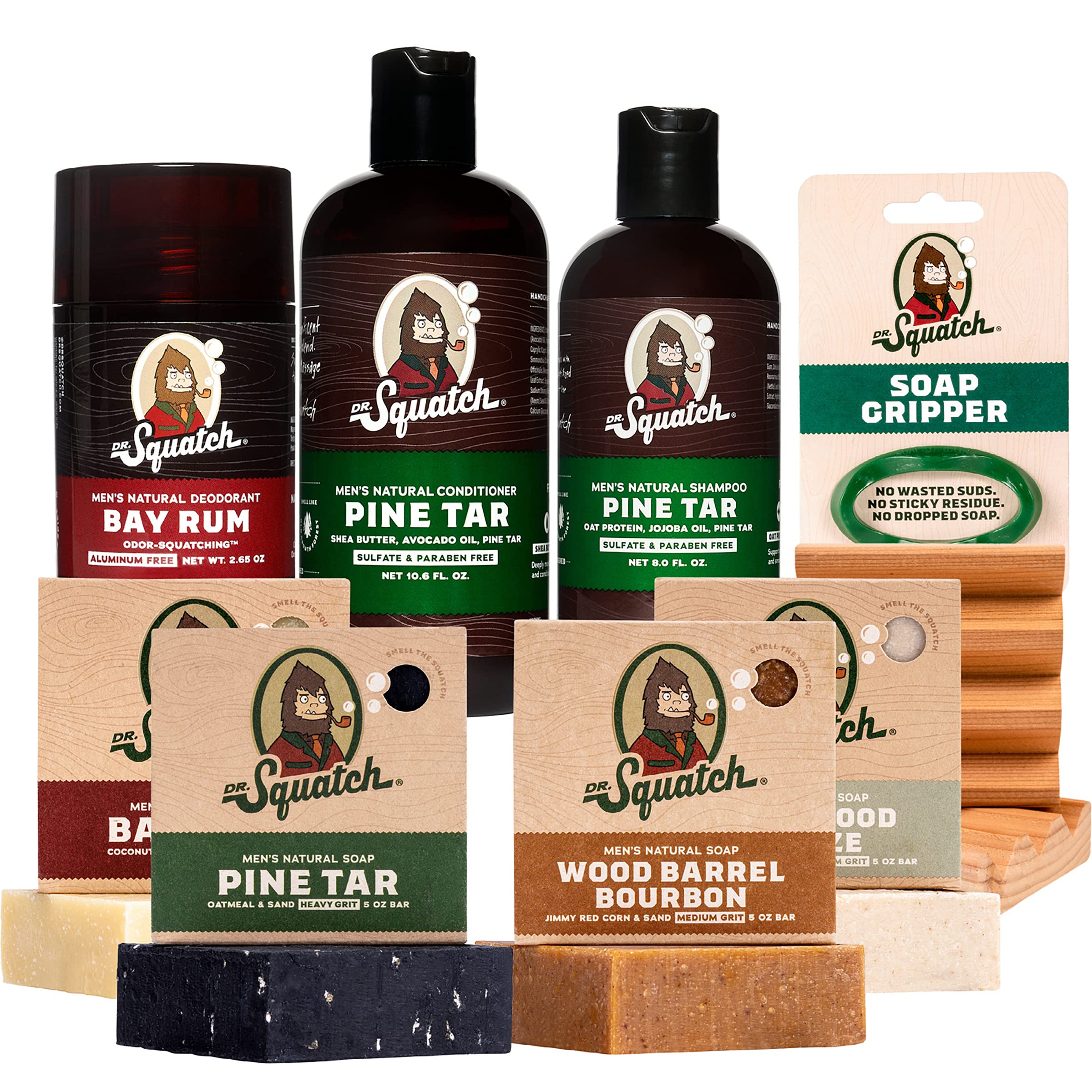 Dr. Squatch Men’s Natural Bar Soap - Forest Full Routine - Natural Shampoo and Conditioner, Aluminum-free Deodorant, Soap Gripper, and Saver - Pine Tar Soap, Bay Rum, Bourbon - Great Gift for Men