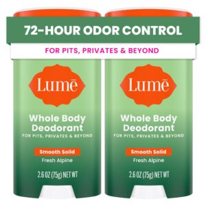 lume whole body deodorant - smooth solid stick - 72 hour odor control - aluminum free, baking soda free and skin safe - 2.6 ounce (pack of 2) (fresh alpine)