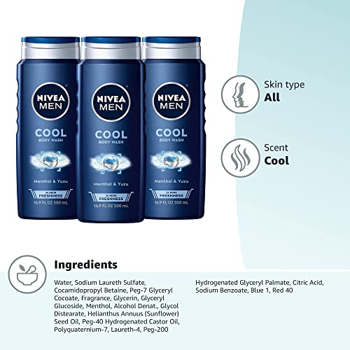 Nivea Men Cool Body Wash with Icy Menthol, Scented Body Wash for Men, Free of Parabens, Phthalates and Microplastic Particles, 3 Pack of 16.9 Fl Oz Bottles