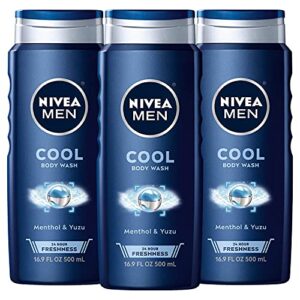 nivea men cool body wash with icy menthol, scented body wash for men, free of parabens, phthalates and microplastic particles, 3 pack of 16.9 fl oz bottles