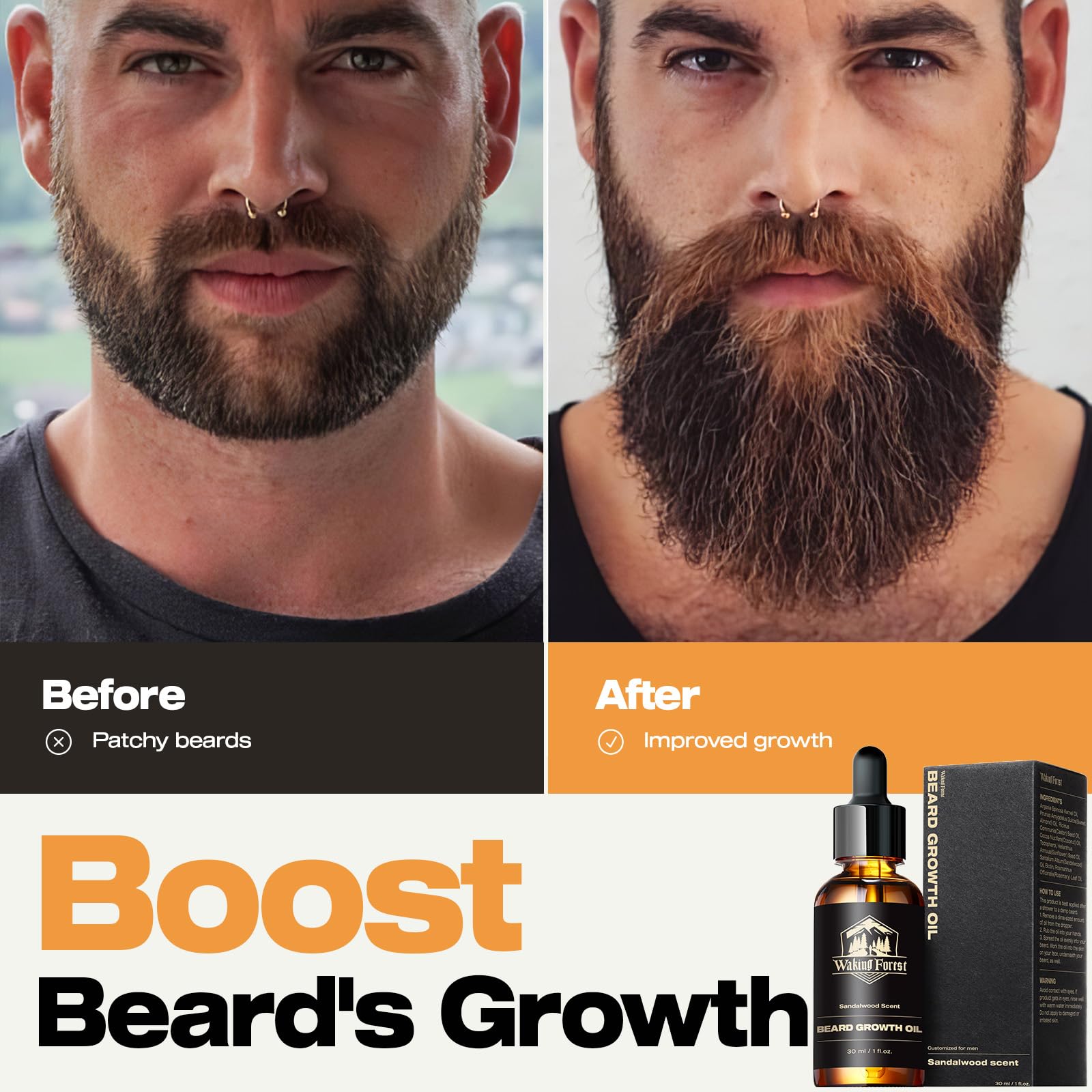 Waking Forest Beard Oil, [Thicker Beard] Beard Growth Oil Sandalwood with Vitamin E、Rosemary、Castor Beard Oil for Men Growth, Softens & Strengthens Beard Serum