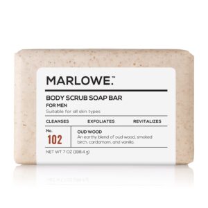 marlowe. no. 102 men's body scrub soap 7 oz, earthy oud wood scent, best exfoliating bar for men, made with natural ingredients, apricot seed powder, shea butter, olive oil, green tea extracts