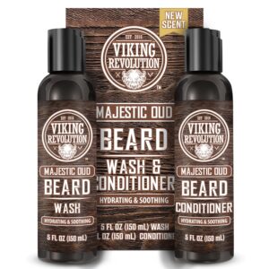 viking revolution beard wash and beard conditioner for men with argan oil and jojoba oil - beard softener and strengthener beard care beard shampoo and conditioner with beard oil (5oz, majestic oud)