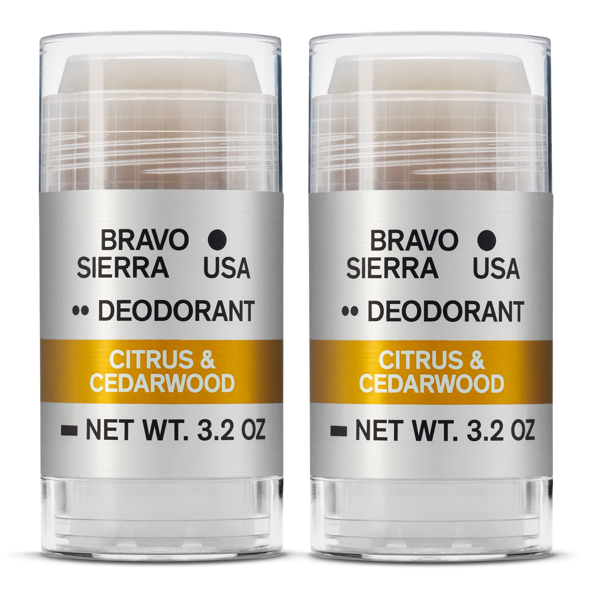 Aluminum-Free Natural Deodorant for Men by Bravo Sierra, 2-Pack - Long Lasting All-Day Odor and Sweat Protection - Citrus and Cedarwood, 3.2 oz - Paraben-Free, Baking Soda Free, Vegan & Cruelty-Free