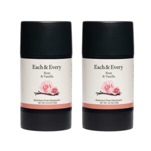 each & every 2-pack natural aluminum-free deodorant for sensitive skin with essential oils, plant-based packaging (rose & vanilla, 2.5 ounce (pack of 2))