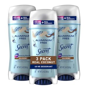 secret aluminum free deodorant for women, 48hr odor protection, free of parabens dyes talc & baking soda, coconut scent, 2.4 oz (pack of 3)