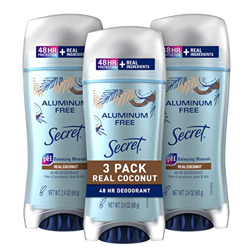 Secret Aluminum Free Deodorant for Women, 48hr Odor Protection, Free of Parabens Dyes Talc & Baking Soda, Coconut Scent, 2.4 oz (Pack Of 3)