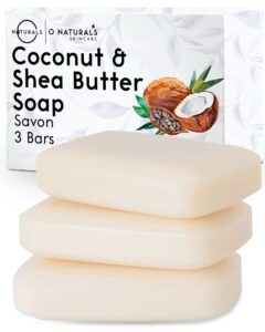 o naturals 3-pack organic coconut & shea butter soap bar 4oz each set - 100% vegan cold process scented premium essential handmade natural soap for men women, face, body