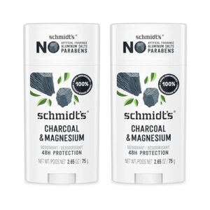 schmidt's aluminum-free vegan deodorant charcoal & magnesium with 24 hour odor protection, 2 count for women and men, natural ingredients, cruelty-free, 2.65 oz