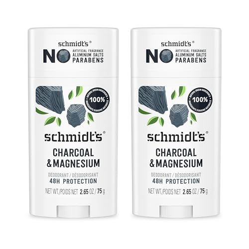 Schmidt's Aluminum-Free Vegan Deodorant Charcoal & Magnesium with 24 Hour Odor Protection, 2 Count for Women and Men, Natural Ingredients, Cruelty-Free, 2.65 oz