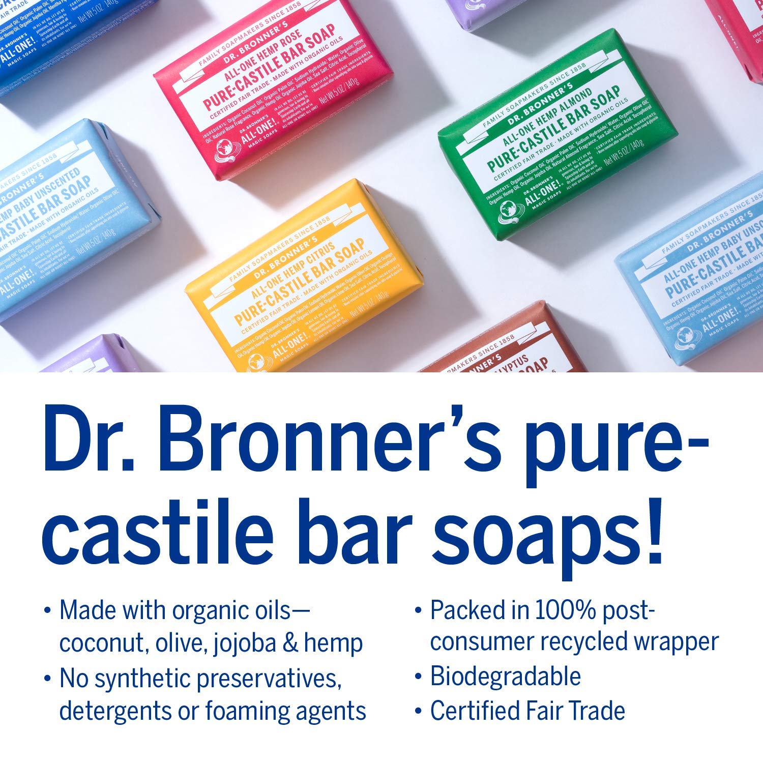 Dr. Bronner's - Pure-Castile Bar Soap (Baby Unscented, 5 Ounce, 12-Pack) - Made with Organic Oils, For Face, Body & Hair, Gentle for Sensitive Skin & Babies, No Added Fragrance, Biodegradable, Vegan