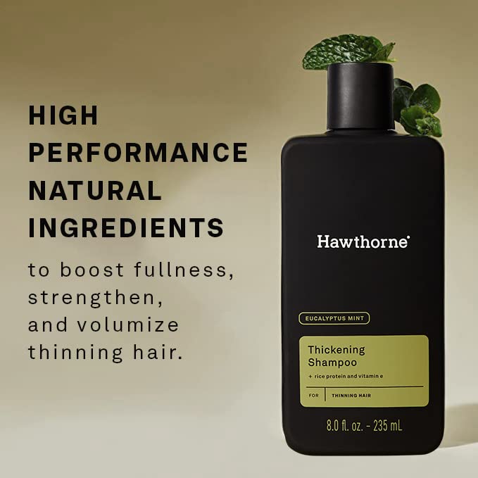 Hawthorne Men's Thickening Shampoo for Thinning Hair - Rice Protein & Vitamin E to Fight Hair Loss, Strengthens Hair Follicles to Reduce Breakage, Mint and Eucalyptus Scent. 8 fl. oz. 2-Pack.