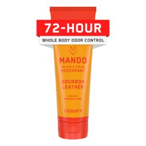 mando whole body deodorant for men - invisible cream - 72 hour odor control - aluminum free, baking soda free, skin safe - 3 ounce tube (bourbon leather)