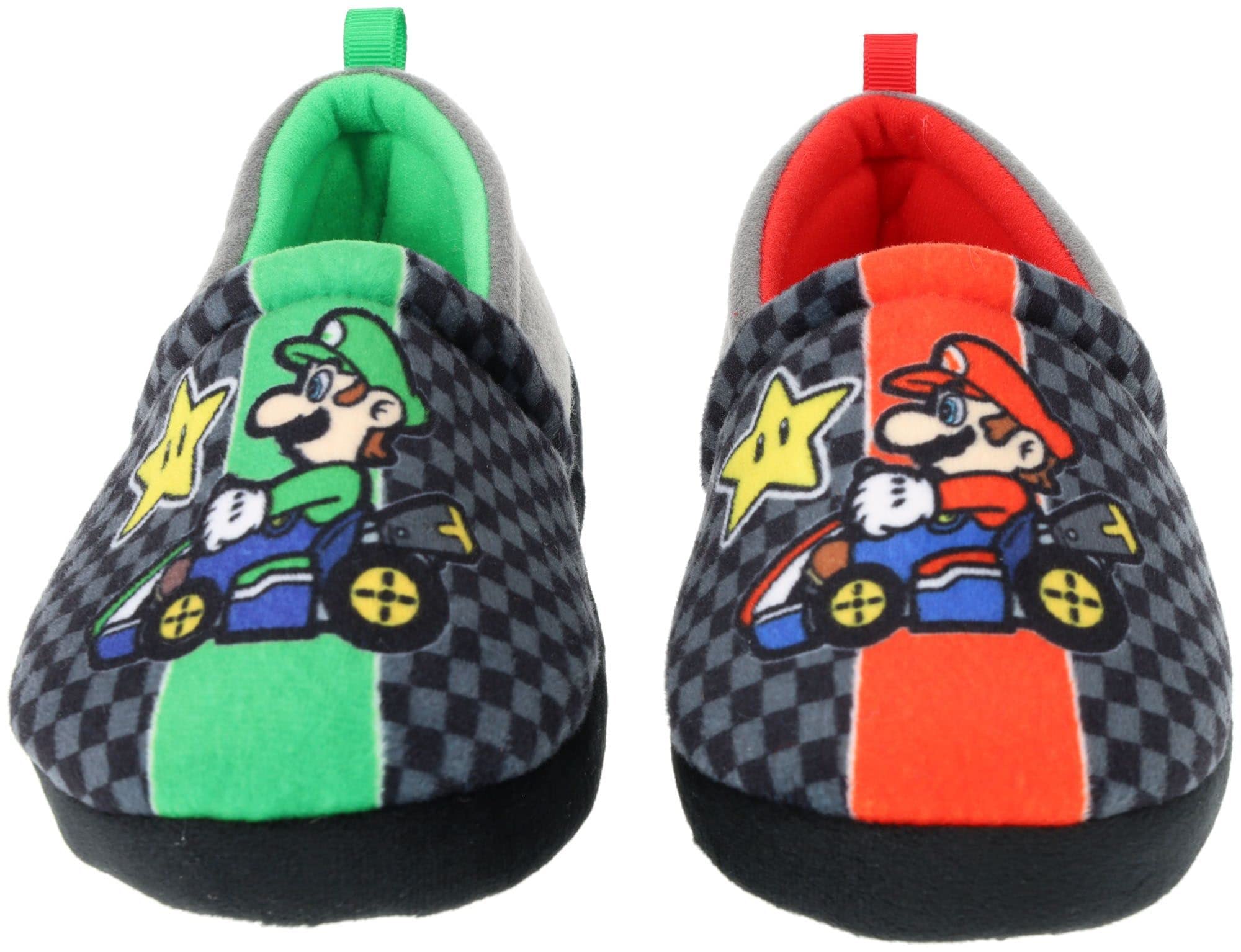 Super Mario Boys Slippers, Mario Kart Mismatched A-Line, Black, Size 10/11