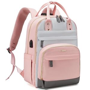 lovevook laptop backpack for women, fits 15.6 inch laptop bag, fashion travel work anti-theft bag, business computer waterproof backpack purse, university backpacks, grey-pink-grey