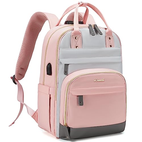 LOVEVOOK Laptop Backpack for Women, Fits 15.6 Inch Laptop Bag, Fashion Travel Work Anti-theft Bag, Business Computer Waterproof Backpack Purse, University Backpacks, Grey-Pink-Grey