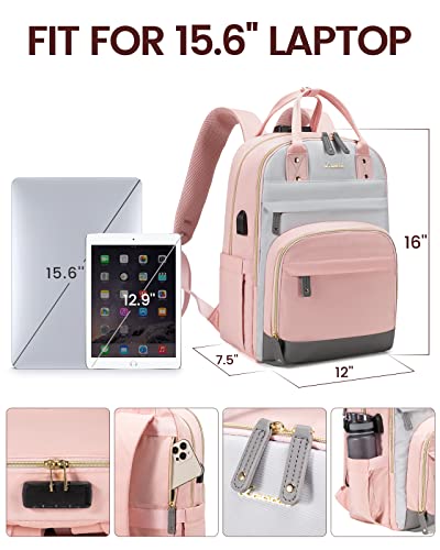 LOVEVOOK Laptop Backpack for Women, Fits 15.6 Inch Laptop Bag, Fashion Travel Work Anti-theft Bag, Business Computer Waterproof Backpack Purse, University Backpacks, Grey-Pink-Grey