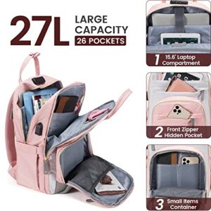 LOVEVOOK Laptop Backpack for Women, Fits 15.6 Inch Laptop Bag, Fashion Travel Work Anti-theft Bag, Business Computer Waterproof Backpack Purse, University Backpacks, Grey-Pink-Grey