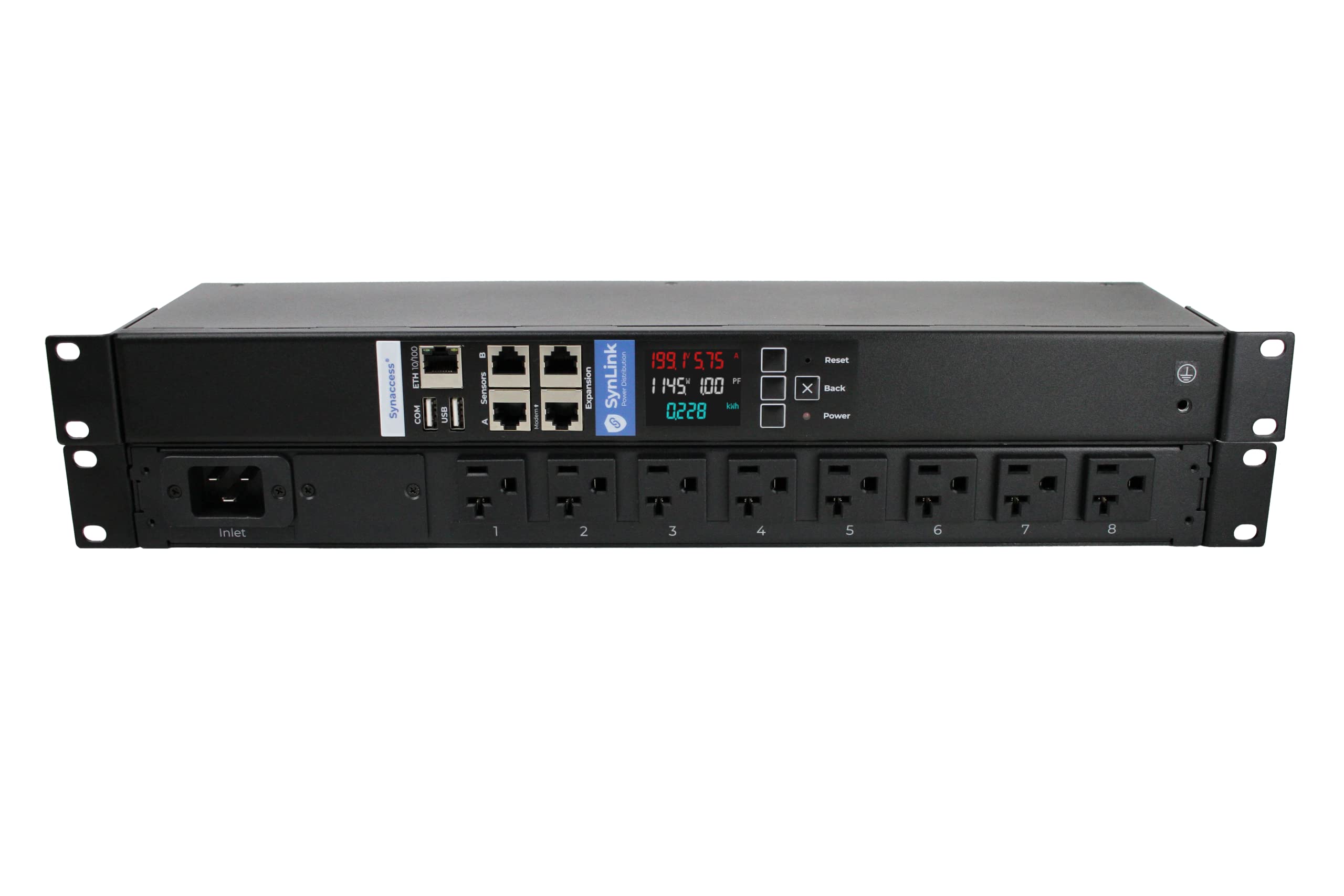 Synaccess SP-1001D SynLink Monitored 1U PDU (Non-SWITCHABLE OUTLETS) 120V/20A, 8 Outlets NEMA5-20R - 1% Accurate Energy Meter KWH (8) - Access Via Web App, SSH, Serial, HTTP(S) API