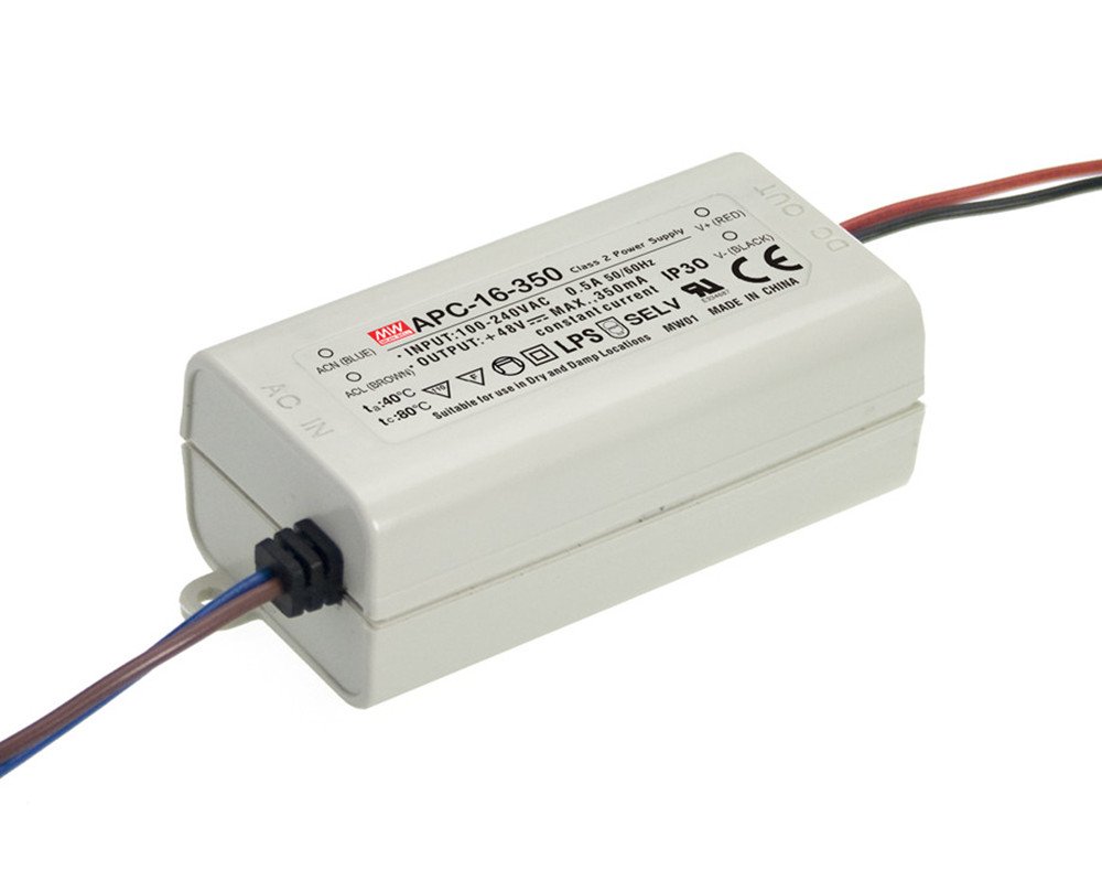 MEAN WELL,Switching Power Supply LED Driver;110V-220V AC-DC Single Output 、Constant Current，Transformer，16W 12-48V 350mA (APC-16-350)