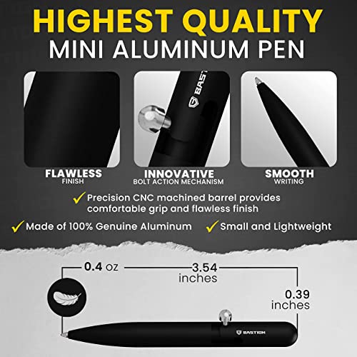 BASTION® Luxury Mini Bolt Action Pen, Lightweight Aluminum EDC Pen with Fine Tip, Professional Ballpoint Pen for School and Work - Black