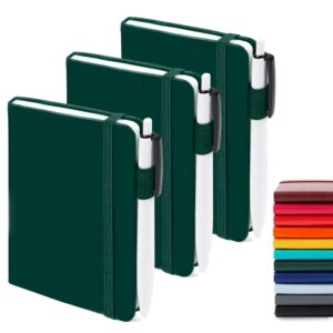 feela 3 pack pocket notebook journals with 3 black pens, a6 mini cute small journal notebook bulk hardcover college ruled notepad with pen holder for office school supplies, 3.5”x 5.5”, dark green