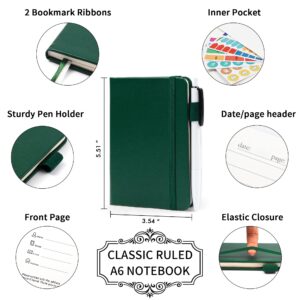 feela 3 Pack Pocket Notebook Journals with 3 Black Pens, A6 Mini Cute Small Journal Notebook Bulk Hardcover College Ruled Notepad with Pen Holder for Office School Supplies, 3.5”x 5.5”, Dark Green