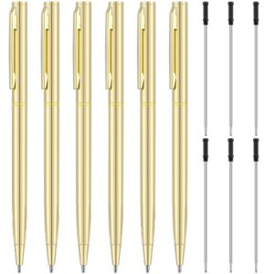 6 pieces metallic ballpoint pen slim retractable ballpoint pen black ink metal pen mini conical ballpoint pen and 6 refills for wedding business office student teacher, 1.0mm medium point (gold)